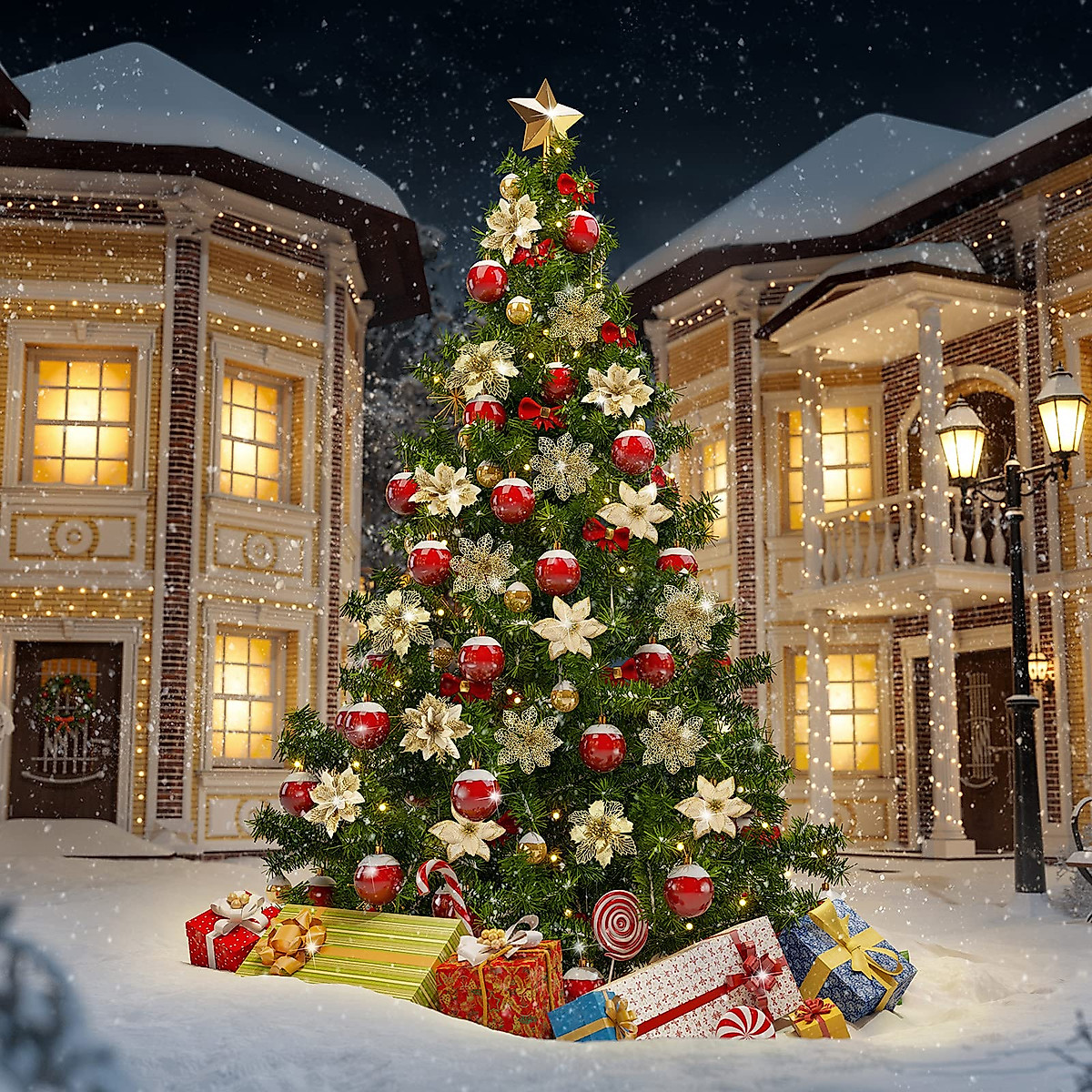 Whaline 24Pcs Christmas Poinsettia with 24Pcs Clips 4 Design Glitter Gold Artificial Flower Winter Party Supplies for Xmas Tree Ornament Wedding Birthday Wreath Decoration