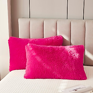 Uhamho Faux Fur Velvet Fluffy Bedding Duvet Cover Set Down Comforter Quilt Cover with Pillow Shams, Ultra Soft Warm (Queen, Hot Pink)