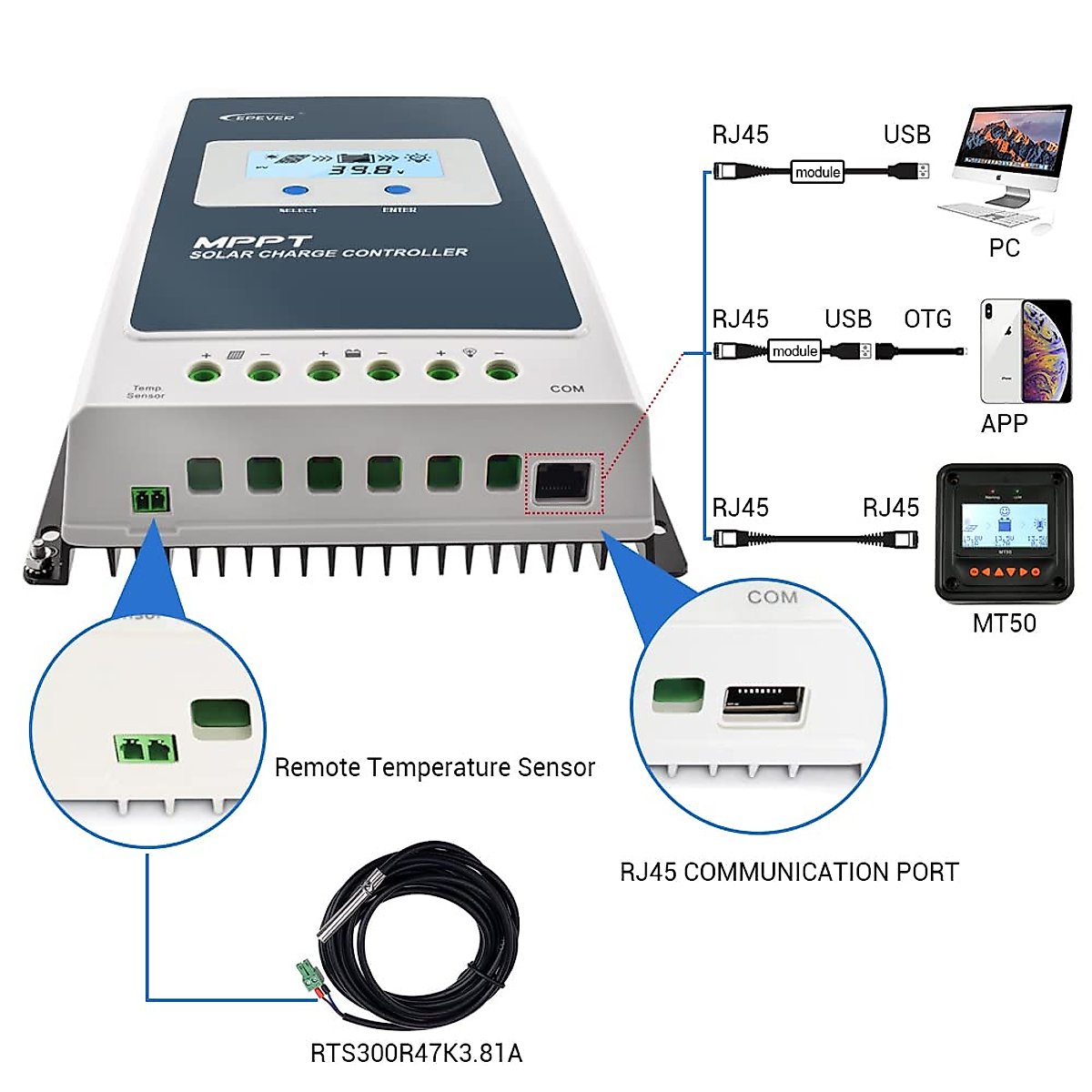 EPEVER 20A Solar Charge Controller MPPT 12V / 24V Auto Max.PV 100V Input Negative Ground Solar Panel Charge Regulator with MT50 Remote Meter Temperature Sensor RTS & PC Communication Cable RS485