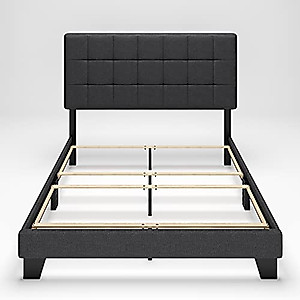 HOOMIC Queen Size Upholstered Panel Bed for Box Spring, with Box-Tufted Adjustable Headboard, Easy Assembly, Grey Fabric