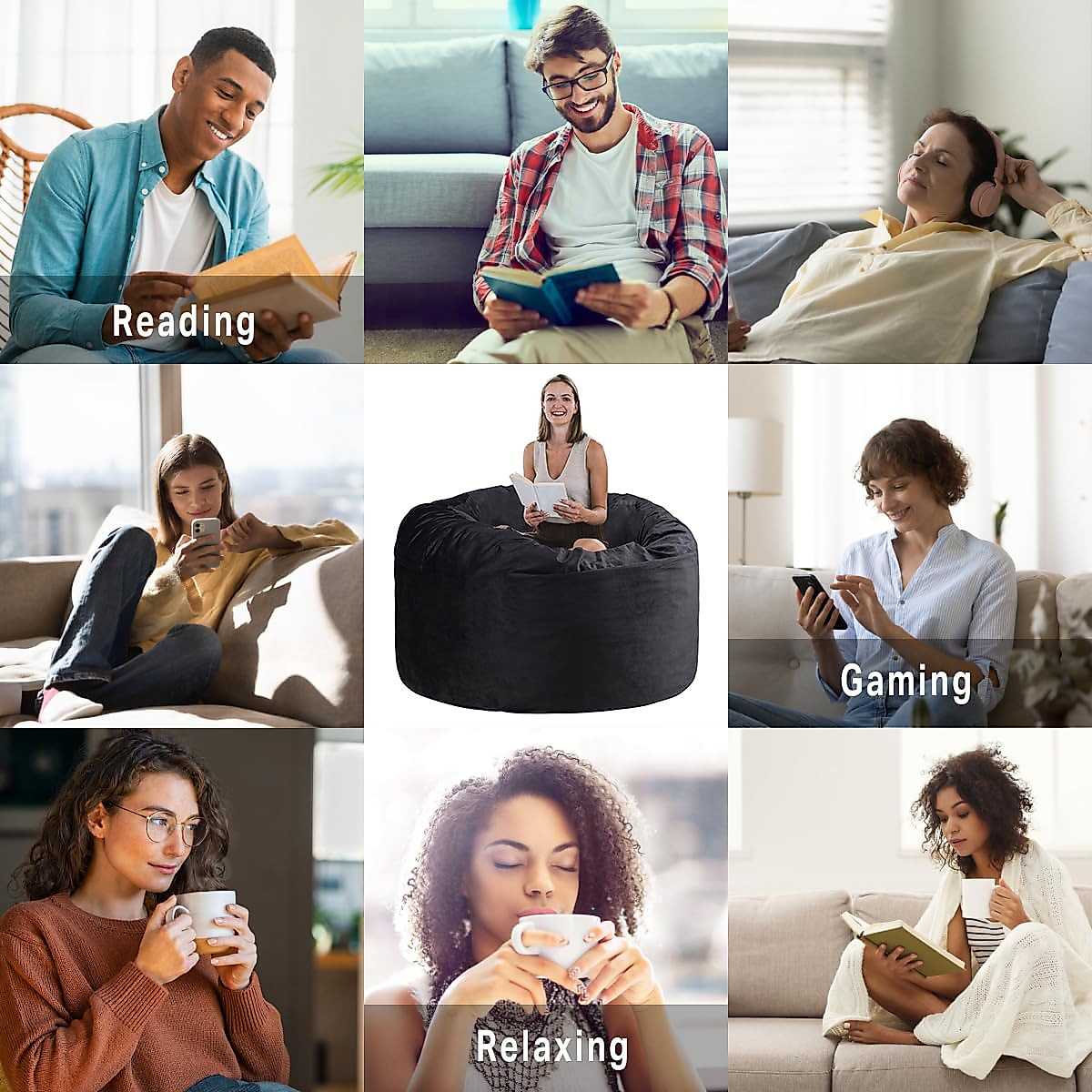 WhatsBedding Bean Bag Chairs for Adults Filled with Memory Foam, Large Bean Bag Sofa, Furniture Bag with Soft Dutch Velvet Cover,Black, 3 FT