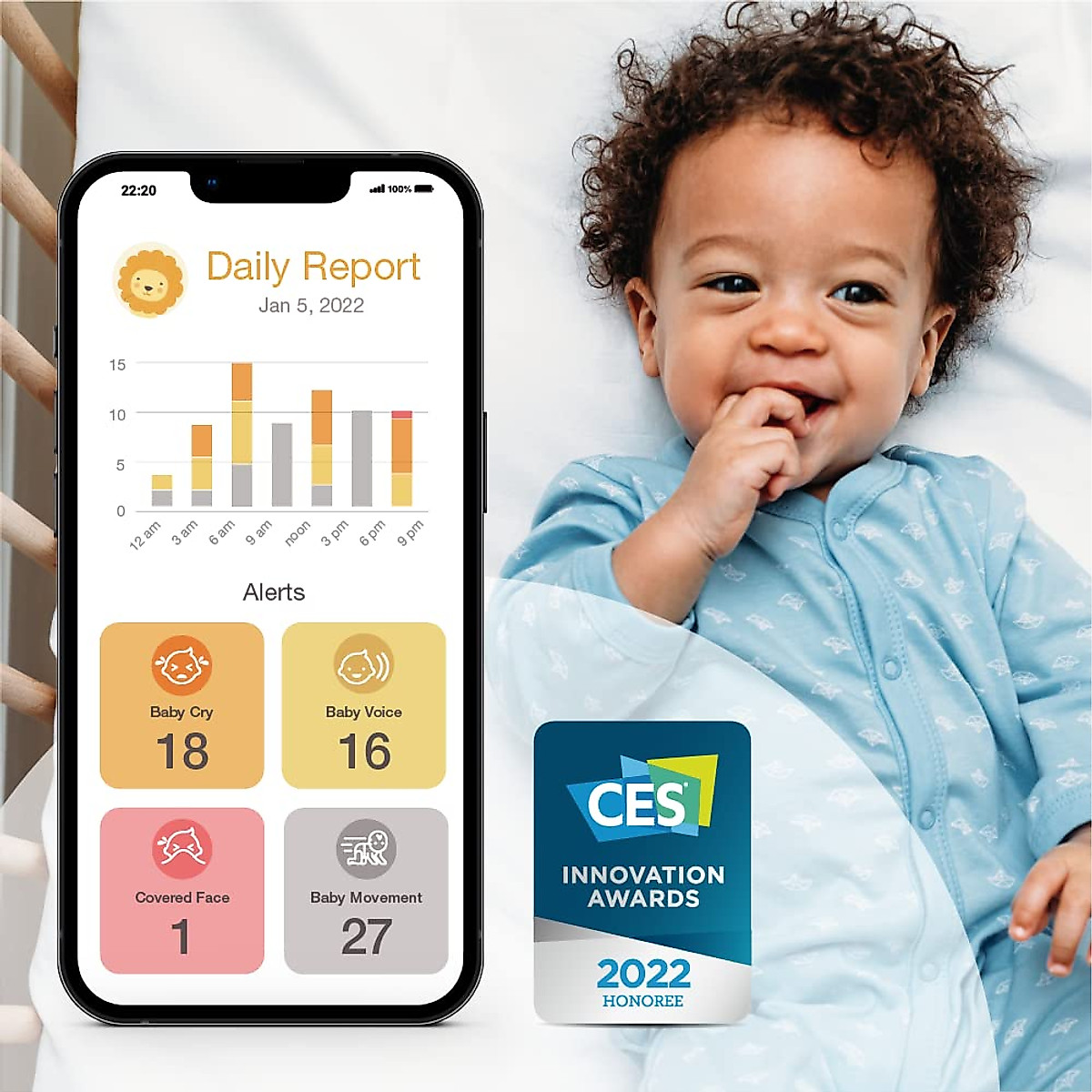 Amaryllo iBabi Smart Baby Monitor: 1080p FHD, Night Vision, Cry/Voice Alerts, 360 Auto-Tracking PTZ, Danger Zone, Baby's Daily Insights, Two-Way Audio, Lullaby Player, Wall Mount Included (White)