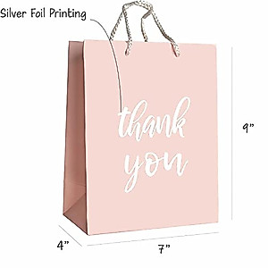 12 Pack Thank You Gift Bags - Elegant Pink Paper Gift Bags With ‘’Thank You’’ Embossed In Silver Foil Letters - Perfect For Birthday Party, Bridal Shower, Baby Shower, Paper Favor Bags 4"x 7"x 9" Inches
