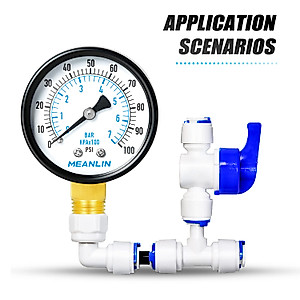 MEANLIN MEASURE 0-100Psi 2" DIAL FACE 1/4" NPT Well Pump Pressure Gauge, with 1/4" x 1/2" NPT and 1/4" x 3/8" NPT Hex Bushing, 3-2-3% Accuracy,Lower Mount