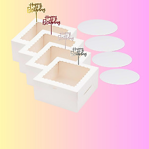 Exceptional Value Bundle | 4-Pack Cake Boxes (10x10x5 Inches) 4 Corrugated White Cake Boards & 4 Happy Birthday Cake Toppers. | 350 GSM Thick Sturdy Cardboard | Fancy Design See-Through Window |
