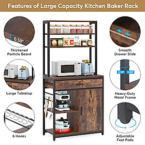 LITTLE TREE Bakers Racks for Kitchen with Cabinet, Large Capacity Microwave Stand with Drawers, 6-Tier Kitchens Utility Storage Shelves with Side Hooks, Rustic Brown