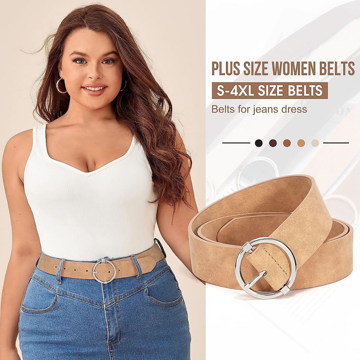 XZQTIVE Women Belts for Jeans Dress Casual Women Leather Belts with O-Ring Buckle 1.42" Width Plus Size Ladies Waist Belts,brown