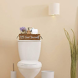 Luxspire Bathroom Decor Box, 2 Sides Farmhouse Wooden Toilet Paper Holder Tissue Storage Toilet Tank Topper Organizer, Rustic Bathroom Tray Restroom Funny Sayings, Wood Basket Box Home Decor, Brown