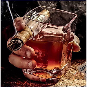 Whiskey gift set for men cigar glasses gift set of 2 Old Fashioned Square Glasses with intended cigar rest, Granite Chilling Rocks, Tongs, Velvet Pouch and cigar Cutter. gift set for men, dad, husband