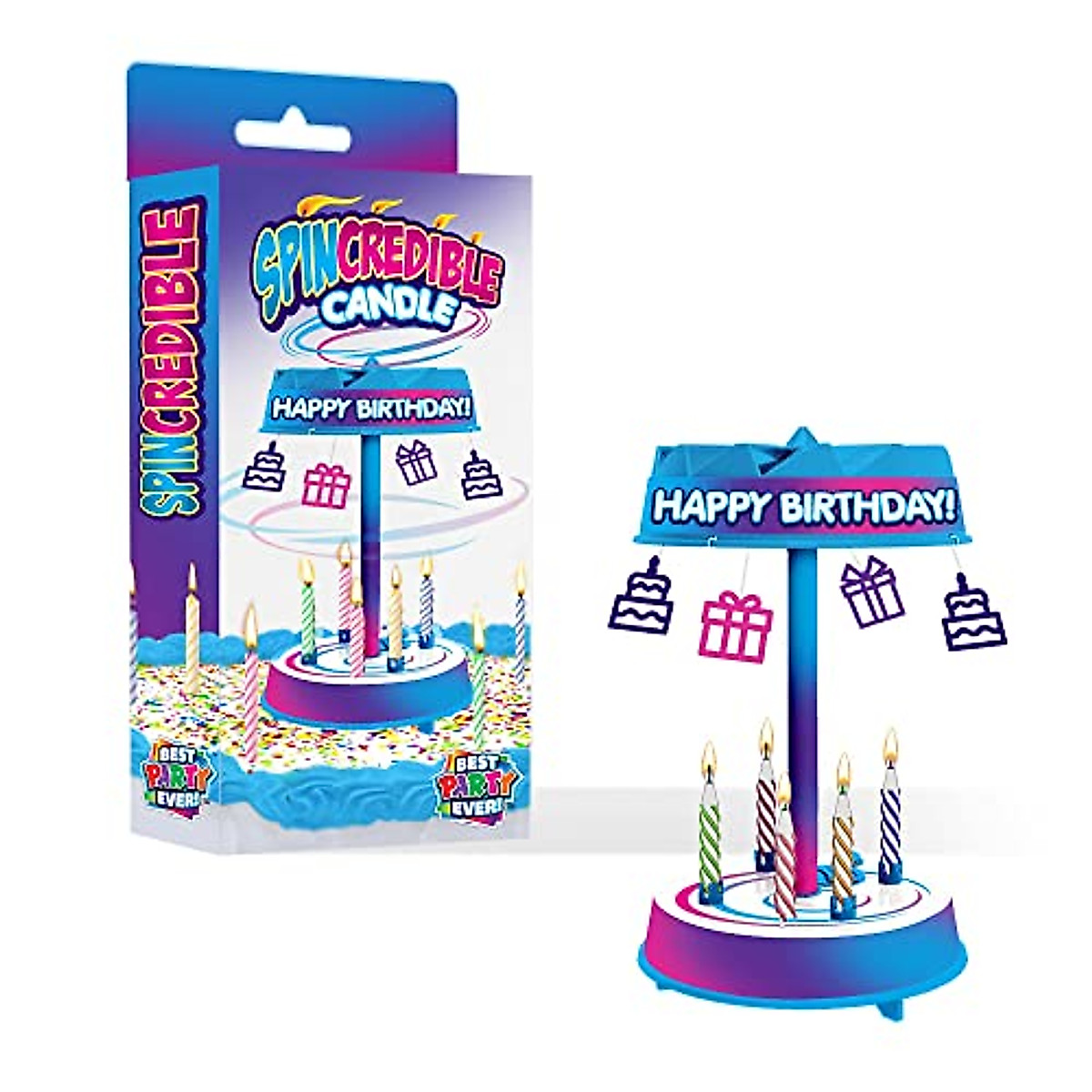 BEST PARTY EVER! Spincredible Candle, Singing Candle-Powered Spinning Cake Topper, Reusable Birthday Candle, Fits Any Size Cake, Great for Birthdays, 1 Count
