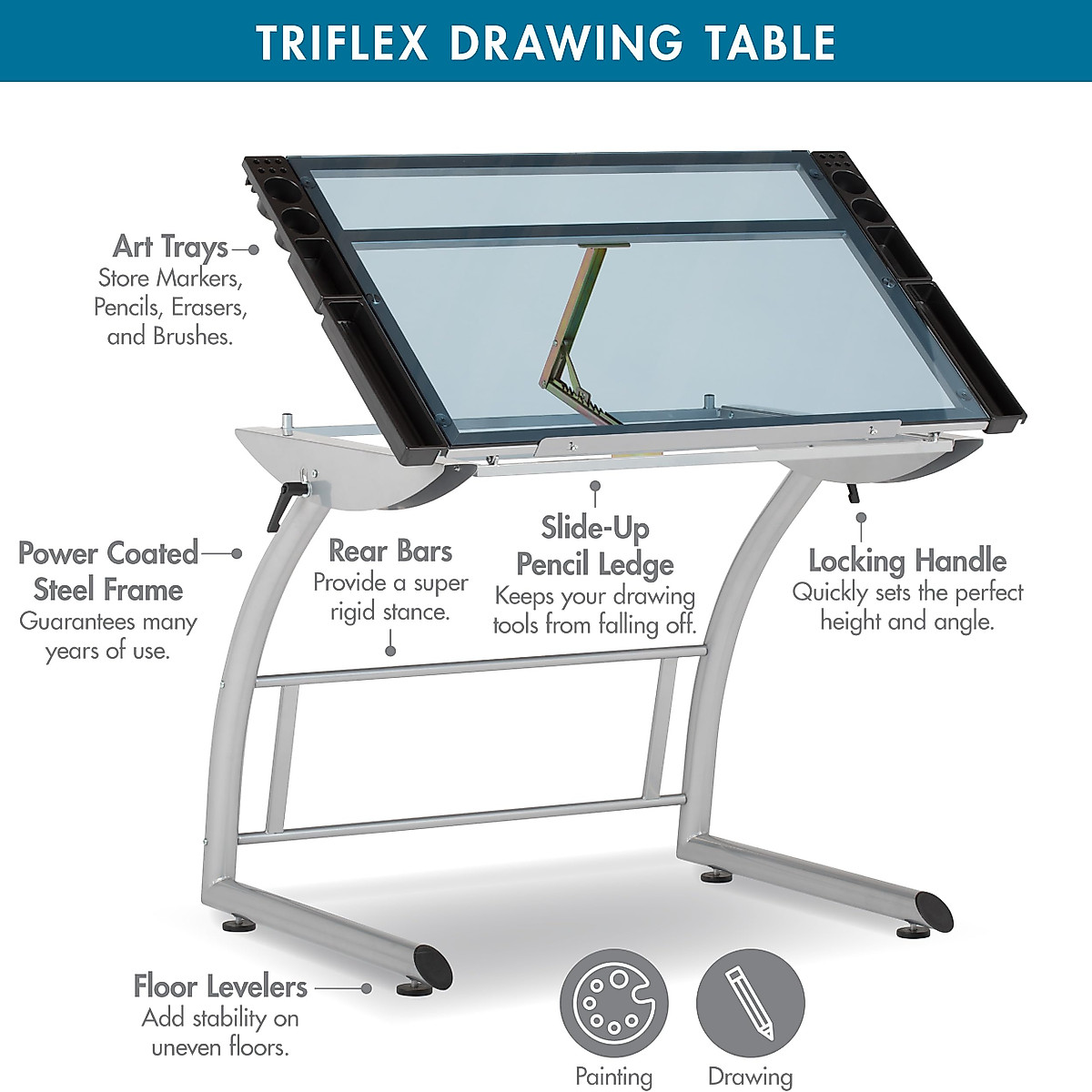 SD Studio Designs Triflex Drawing Table, Sit to Stand Up Adjustable Office Home Computer Desk, 35.25" W X 23.5" D, Silver/Blue Glass