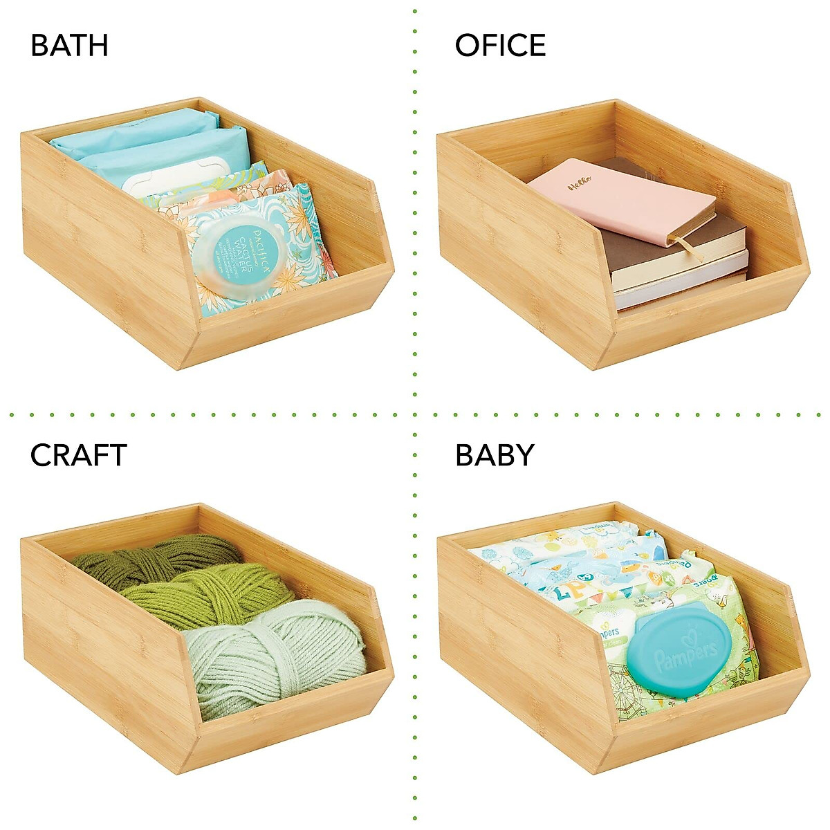 mDesign Bamboo Stackable Food Storage Organization Bin Basket - Wide Open Front for Kitchen Cabinets, Pantry, Offices, Closets, Holds Snacks, Dry Goods, Packets, Spices, Teas - 4 Pack - Natural Wood