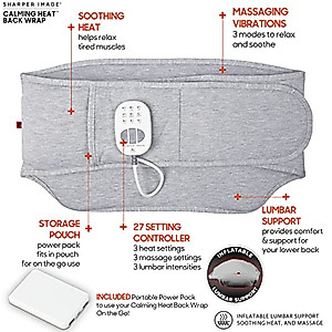 Calming Heat Back Wrap by Sharper Image- Cordless Electric Back Heating Pad, Inflatable Lumbar, Soothing Heat & Vibrations- 9 Settings 3 Heat, 3 Vibration, 3 Lumbar Includes Portable Power Pack