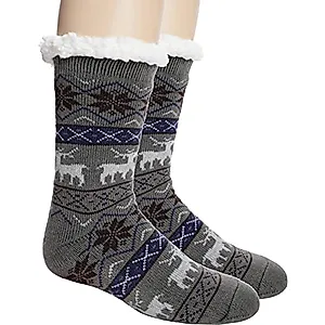 ProEtrade Slipper Socks for Men Fuzzy Fluffy Winter Cozy Cabin Warm Thick Fleece Comfy Non Slip Home Grips Socks Stocking Stuffer Christmas White Elephant Gift(Light Grey)