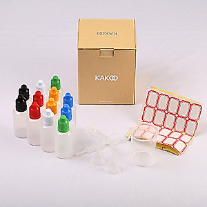 Dropper Bottles,KAKOO 12 Pcs 30ml Plastic Squeezable Liquid Bottle with Childproof Cap,Thin Tip,Funnel,Measuring Cup,Pipette for E-liquids DIY Craft