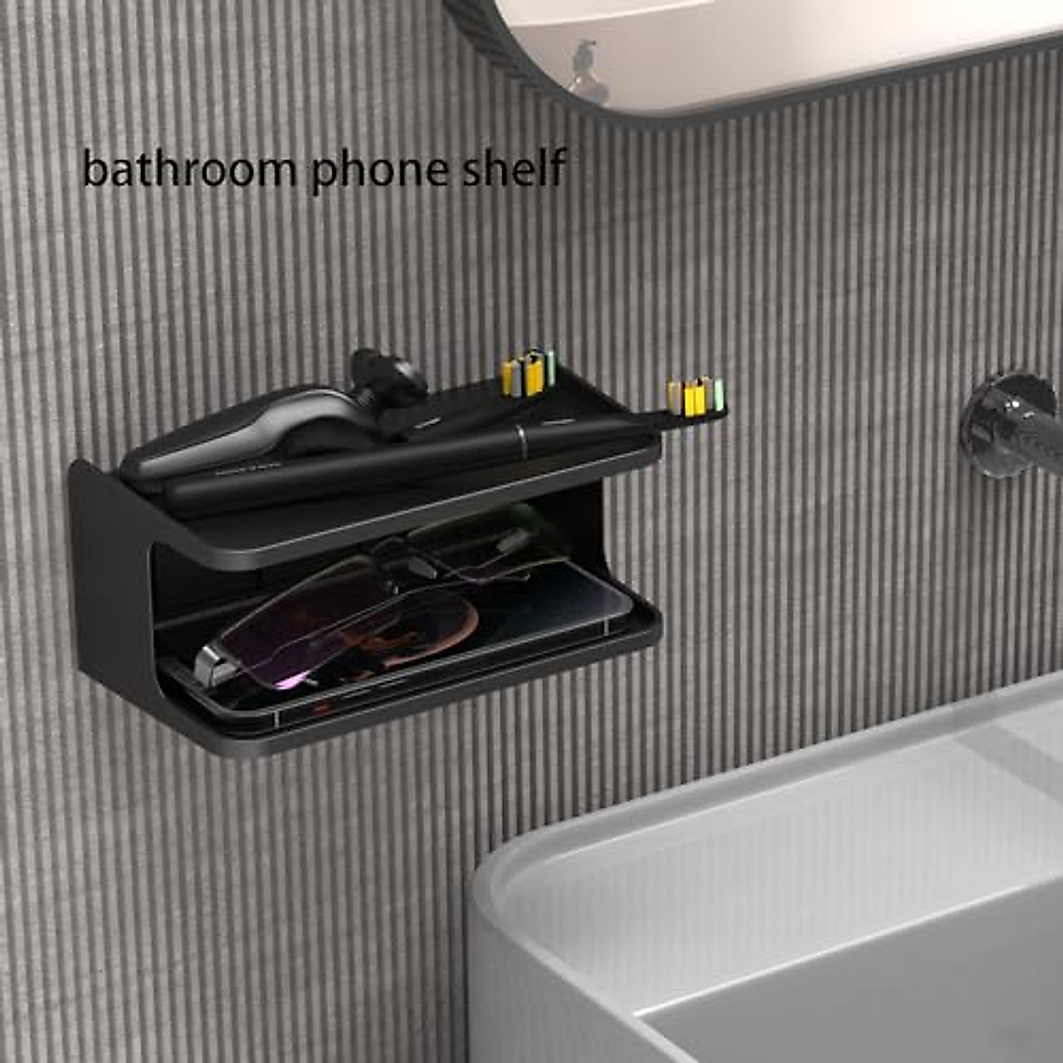 Wall Double-Layer Shelf Bedside Shelf Organizer Storage Shelves Bracket Abs Plastic Bedside Shelf Caddy Basket Pocket Organizer Office Mount Bedroom,Dorm (Black)