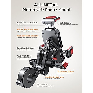 JOYROOM Aluminum Alloy Motorcycle Phone Mount with Vibration Dampener, Motorcycle Phone Holder for Motorcycle Harley Bike Bicycle Scooter ATV/UTV, Compatible with iPhone, Samsung, All Cell Phones