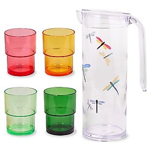 Kate Spade New York Nesting Pitcher Set with Water Pitcher and 4 Reusable Cups, 57oz Plastic Pitcher with Lid, 8oz Tumbler Cups, Dragonfly Flight