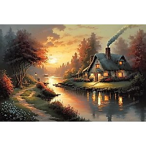 RMSGOZO 20X24 Inch Sunset Lakeside Cottage Diamond Painting Kits - Oil Art Diamond Painting, Exquisite Full Circle Crystal Crafts Kit, for Adults and Childrens, for Room Decor Wall Decor Gifts