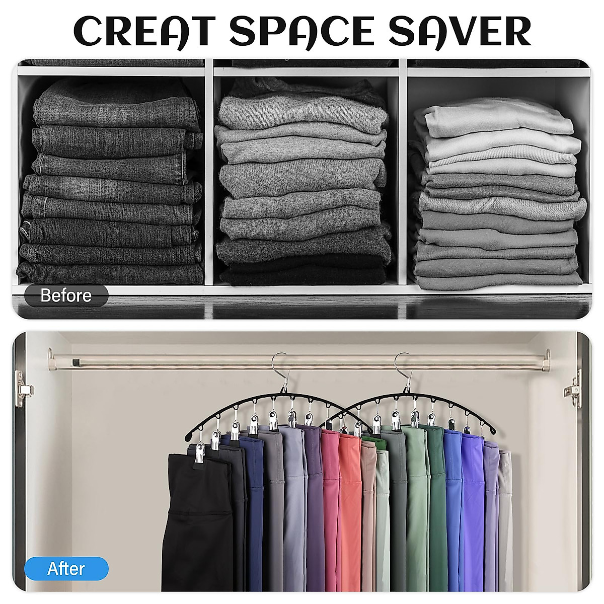 Legging Organizer & Pants Hangers for Closet, 4 Pack/40 Clips Metal Pants Hangers with Rubber Coated Clips, Hanging Storage Closet Organizer for Hat/Shorts/Jeans/Yoga Pants/Scarves/Clothes (Black)