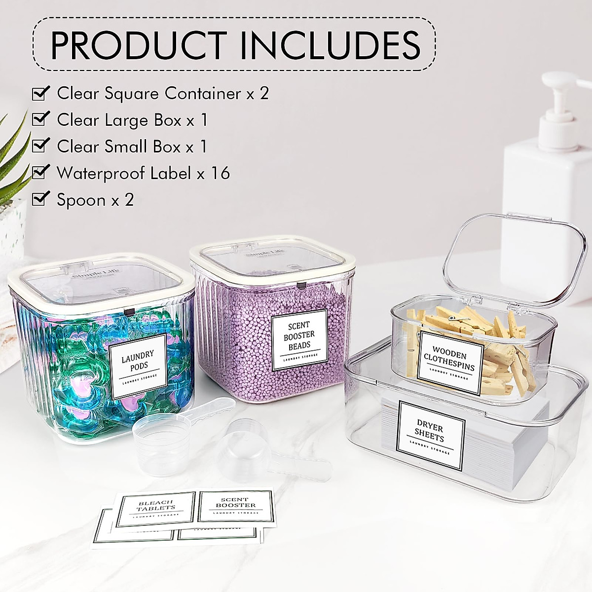 4 Pack Laundry Pods Container,Dryer Sheet Holder & Laundry Room Organization and Storage Containers Large Plastic Laundry Detergent Container with Lids & Labels for Detergent,Powder,Scent Booster,pods