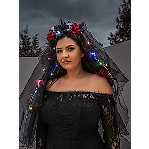Zoestar Light Up Day of the Dead Headband Flower Halloween Costume Hair Bands Skull Veil Hair Accessory Women