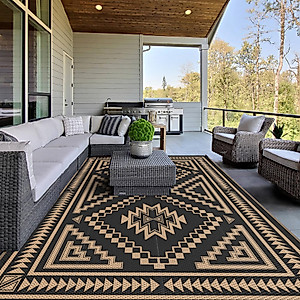 GENIMO Outdoor Rug for Patio Clearance, 5' x 8' Waterproof Plastic Straw Mat, Reversible Camping Carpet, Large Area Rugs Mats for Rv, Backyard, Deck, Porch, Picnic, Beach, Balcony, Black & Brown
