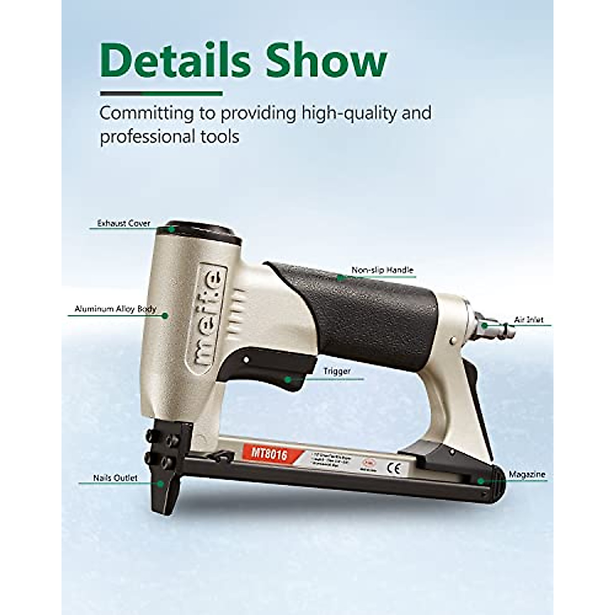 meite MT8016 Pneumatic Upholstery Stapler 21 Gauge 1/2" Crown 1/4" to 5/8" Length Industrial Fine Wire Stapler