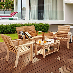 PatioFestival Patio Conversation Sets 4Pcs Wooden Grain Outdoor Furniture Sets with Star Pattern Back Wide Armrest, Chairs & Coffee Table