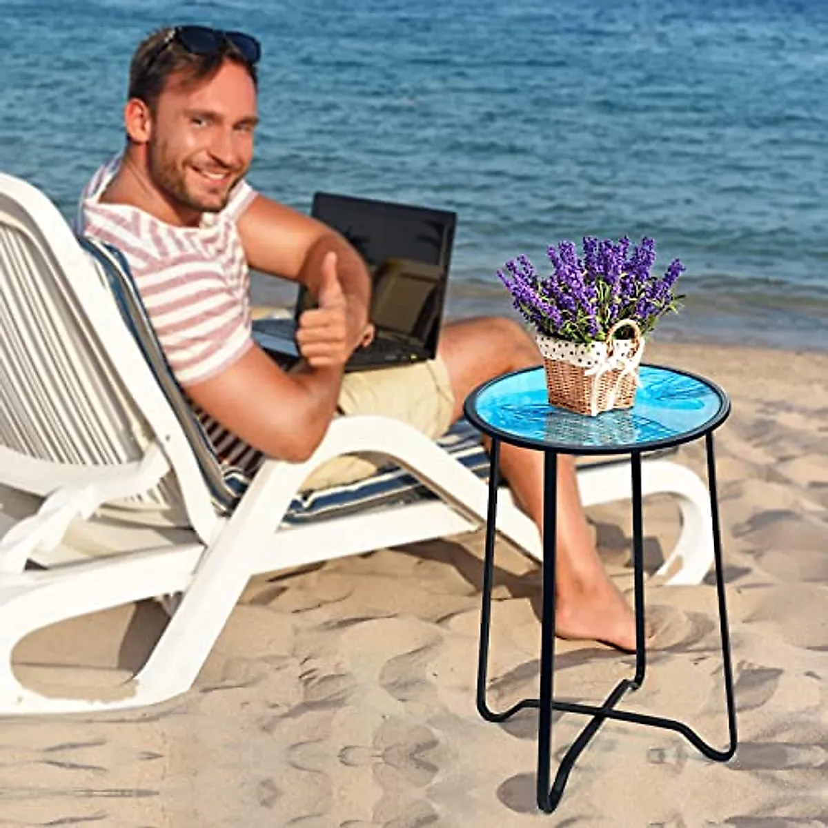 LIFFY Outdoor Side Table, 14" Weather Resistant Metal & Glass Patio Accent Side Table, Indoor Home Decorative End Table, Plant Stands Table Outside, for Yard Balcon Garden Bedside (Blue Jellyfish)