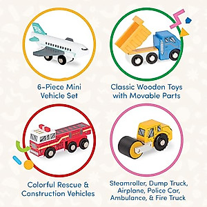 Battat – Miniature Toy Cars – 6Pcs Wooden Minis – Classic Rescue & Construction Vehicles – Steamroller, Dump Truck – 3 Years + – Wooden Vehicles Set 2