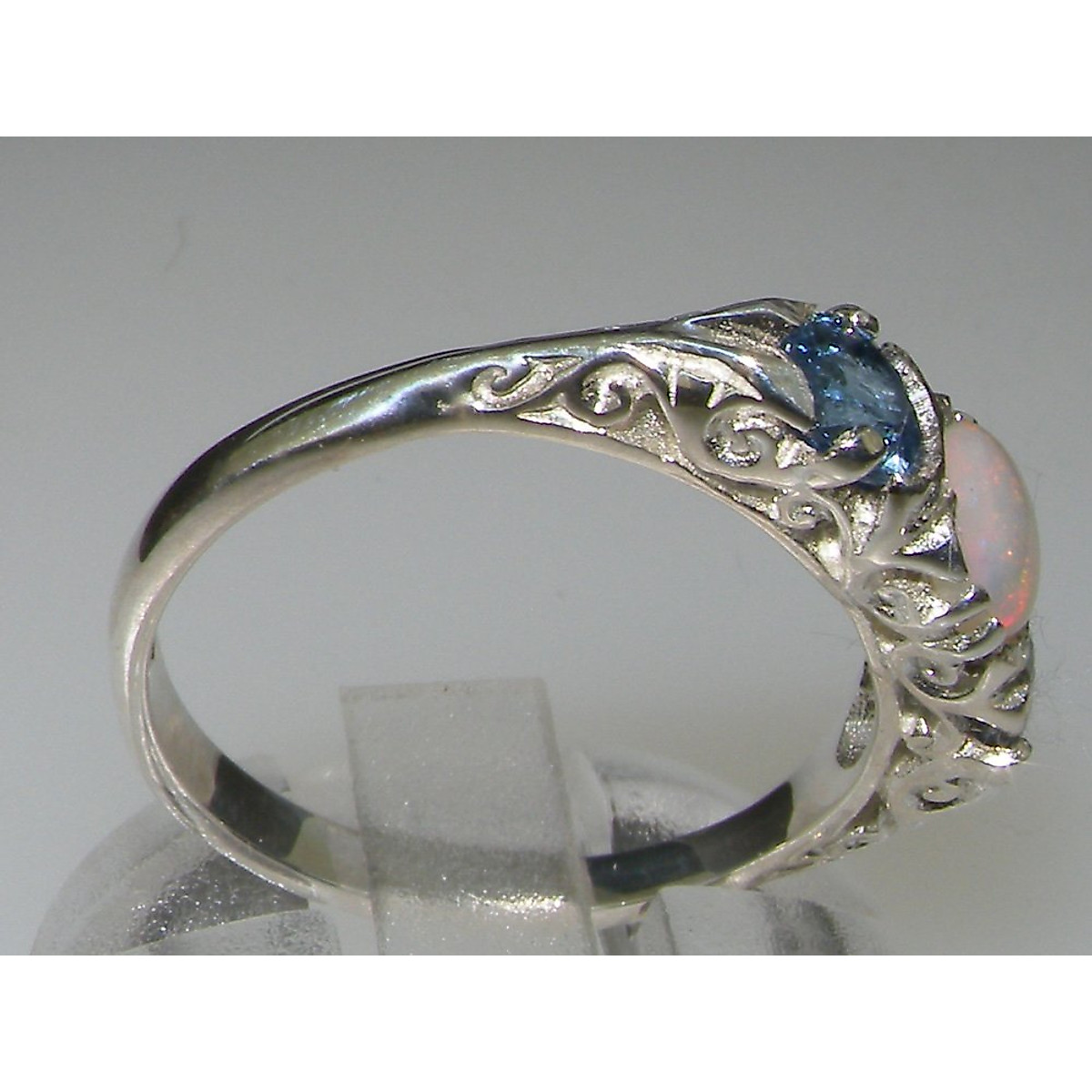 LetsBuyGold 925 Sterling Silver Natural Opal and Sapphire Womens Anniversary Ring - Size 7.25
