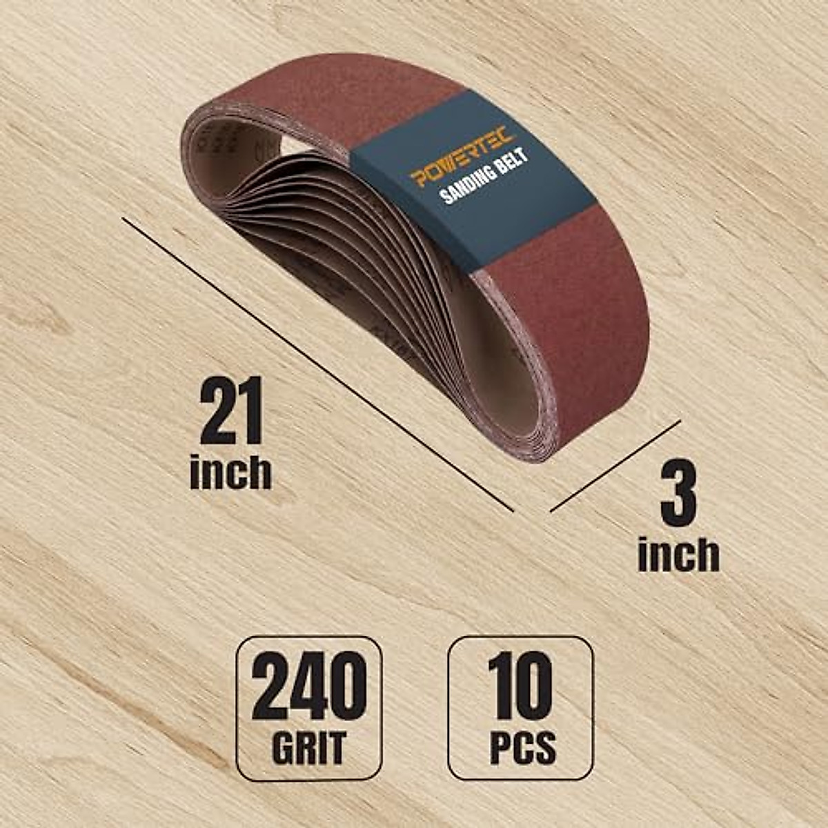 POWERTEC 110960 3 x 21 Inch Sanding Belts, 240 Grit Aluminum Oxide Belt Sander Sanding Belt for Portable Belt Sander, Wood & Paint Sanding, Metal Polishing, 10PK