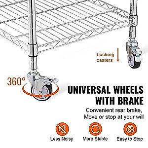 VEVOR Kitchen Utility Cart, 20"x24"x36.6" 3 Tiers Wire Rolling Cart, 470LBS Capacity Steel Service Cart with Brake Wheels, Storage Trolley with 76mm Basket PP Liner 6 Hooks, for Indoor & Outdoor Use