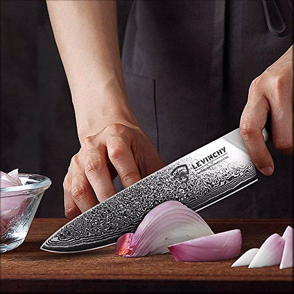 LEVINCHY 8 inch Damascus Chef Knife with Black Premium G10 Handle, Professional Damascus Stainless Steel Knife, Ergonomic, Superb Edge Retention, Stain & Corrosion Resistant