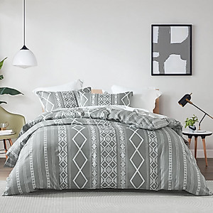 EWlinens Boho Duvet Cover King Size - Gray Geometric Bedding Duvet Cover Set 3 Pieces Bohemian Striped Pattern Printed Cotton Comforter Cover with Zipper Closure & Corner Ties, 104"x90"