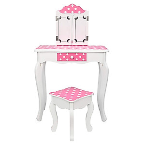 Kcelarec Kids Vanity Table and Chair Set with Mirror, Makeup Dressing Table with Drawer,Wooden Princess Makeup Table with Stool (Pink Dots)
