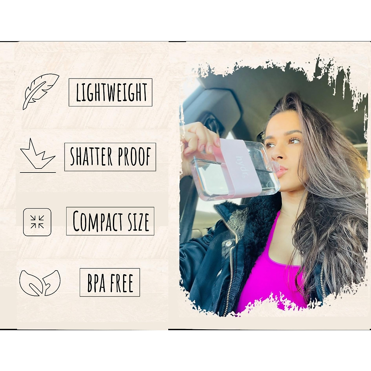 hydr | 15oz Flat Water Bottle For Purse & Flexible Cleaning Brush | BPA Free Square Water Bottle | Leak/Drop Proof Slim Water Bottles For Travel, small water bottle