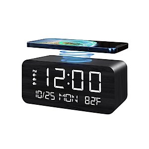 Digital Alarm Clock, with Wooden Electronic LED Time Display, 3 Alarm Settings, 10W Wireless charging, Day of the week, Temperature Detect, Wood Made Digital Clocks for Office, Bedroom, Bedside, Black