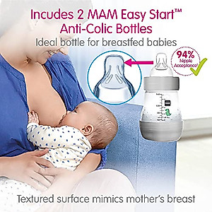 MAM 2-in-1 Double Electric Breast Pump & Manual Breast Pump, Portable Breast Pump with 2 Easy Start Anti-Colic Bottles & Breastfeeding Supplies