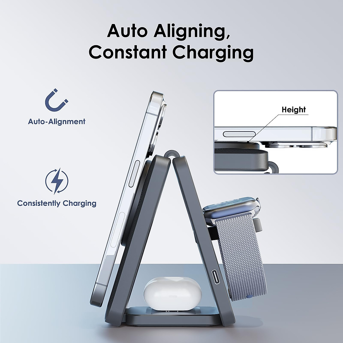 KIXUNY 3 in 1 Wireless Charging Station for Magsafe Charger Stand, Wireless Charger 3 in 1, Foldable Travel Charger 3 in 1 for iPhone15/14/13/12 and Apple Watch/AirPods/(Adapter Included)