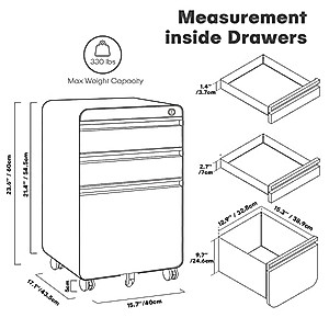 YOLEO 3 Drawer File Cabinet, Metal Filing Cabinets with Lock Wheels & Hanging Rail for A4/Legal/Letter File, Anti-tilt Under Desk Design, Lockable Rolling Mobile File Cabinet for Home Office (Black)