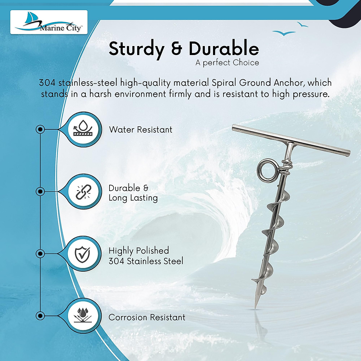 MARINE CITY 304 Grade Stainless Steel Long Grip Spiral Ground Anchor with an O-Ring for Boat Mooring on Beach – Camping Tent – Screw Dog Tie-Out Stake Backyard (Pack of 2)