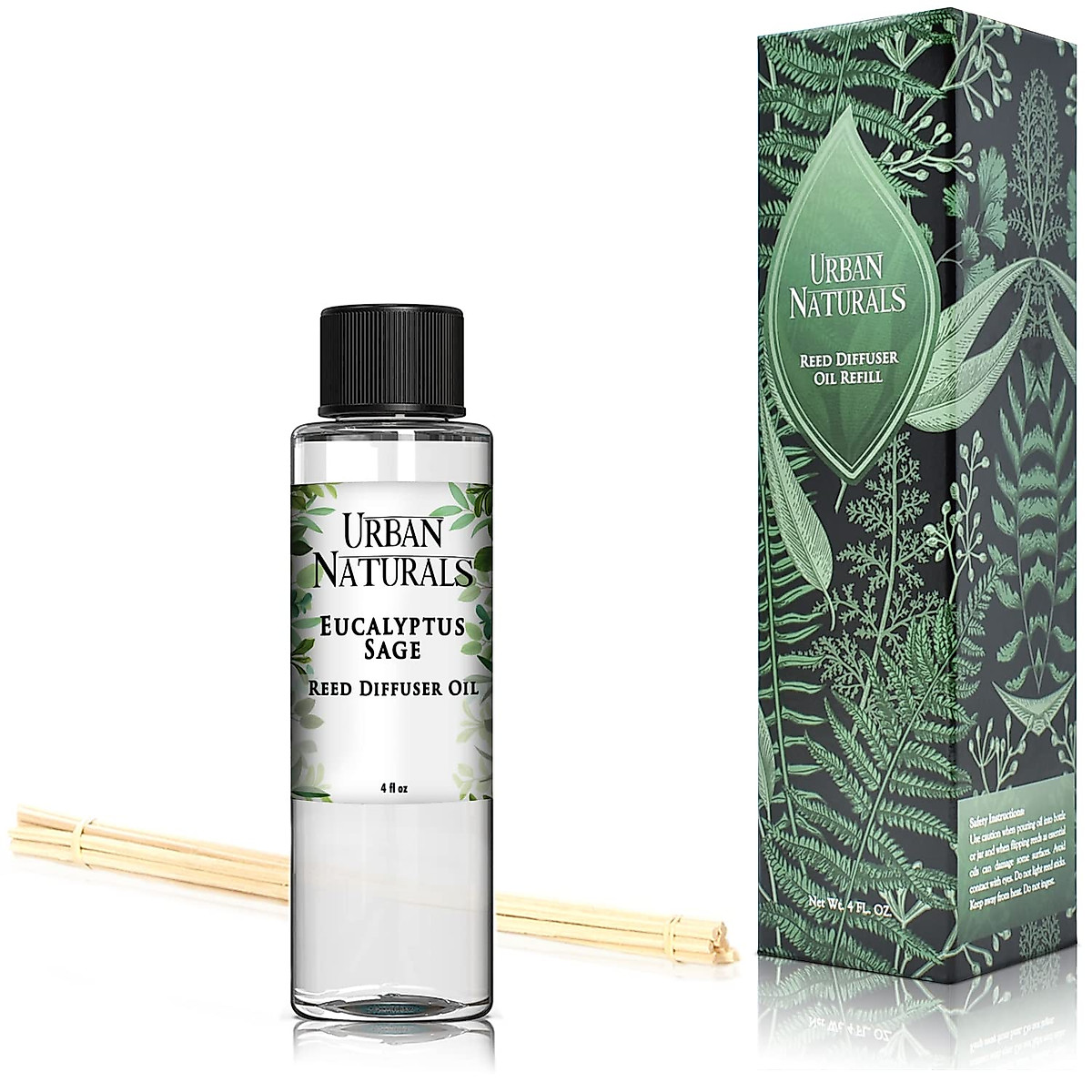 Urban Naturals Eucalyptus & Sage Oil Reed Diffuser Refill | Eucalyptus, Sage, Mint, Lime and Cedarwood| includes a Free Set of Reed Sticks! 4 oz