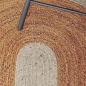THE PIKKU INTERNATIONAL - Handmade Jute Rug Beige with White Cord Border Farmhouse Jute Area Rug (7 x 11 Feet Oval)