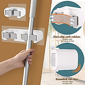 Arrozon Broom Holder Wall Mount,4 Pcs Mop and Broom Organizer Wall Mounted Self Adhesive Heavy Duty Broom Hanger and Mop Grippers for Kitchen, Bathroom, Closet, Garden Garage (White)