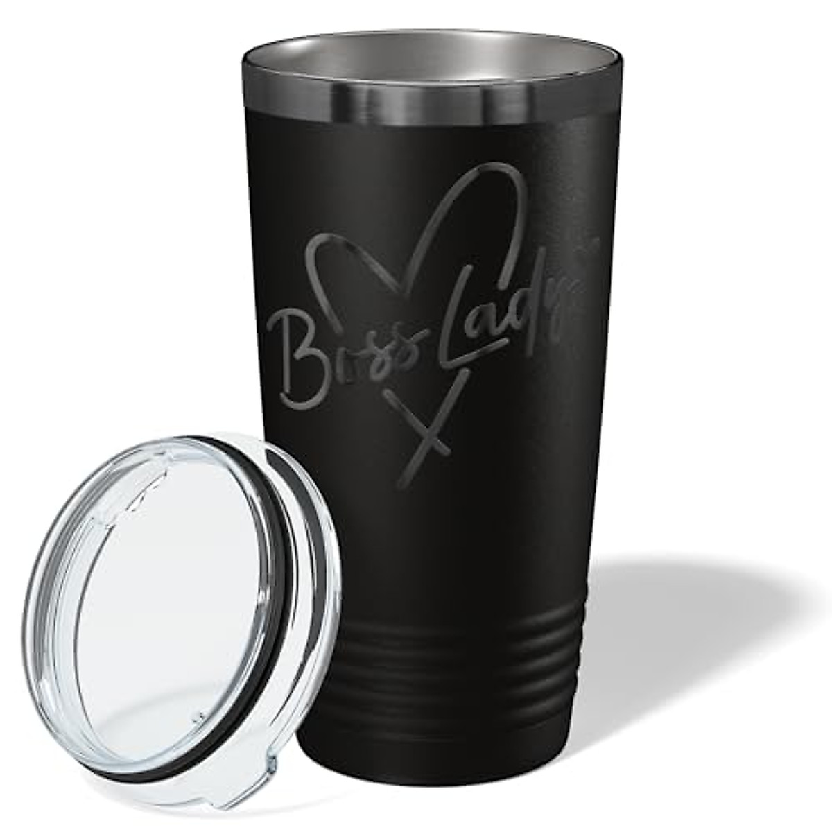Boss Lady Big Heart Tumbler Birthday Gifts for Women, Coworker, Boss on Black with Ion Ghost Black Design 20 oz Stainless Steel Insulated Cup with Lid - Travel Mug for Mom
