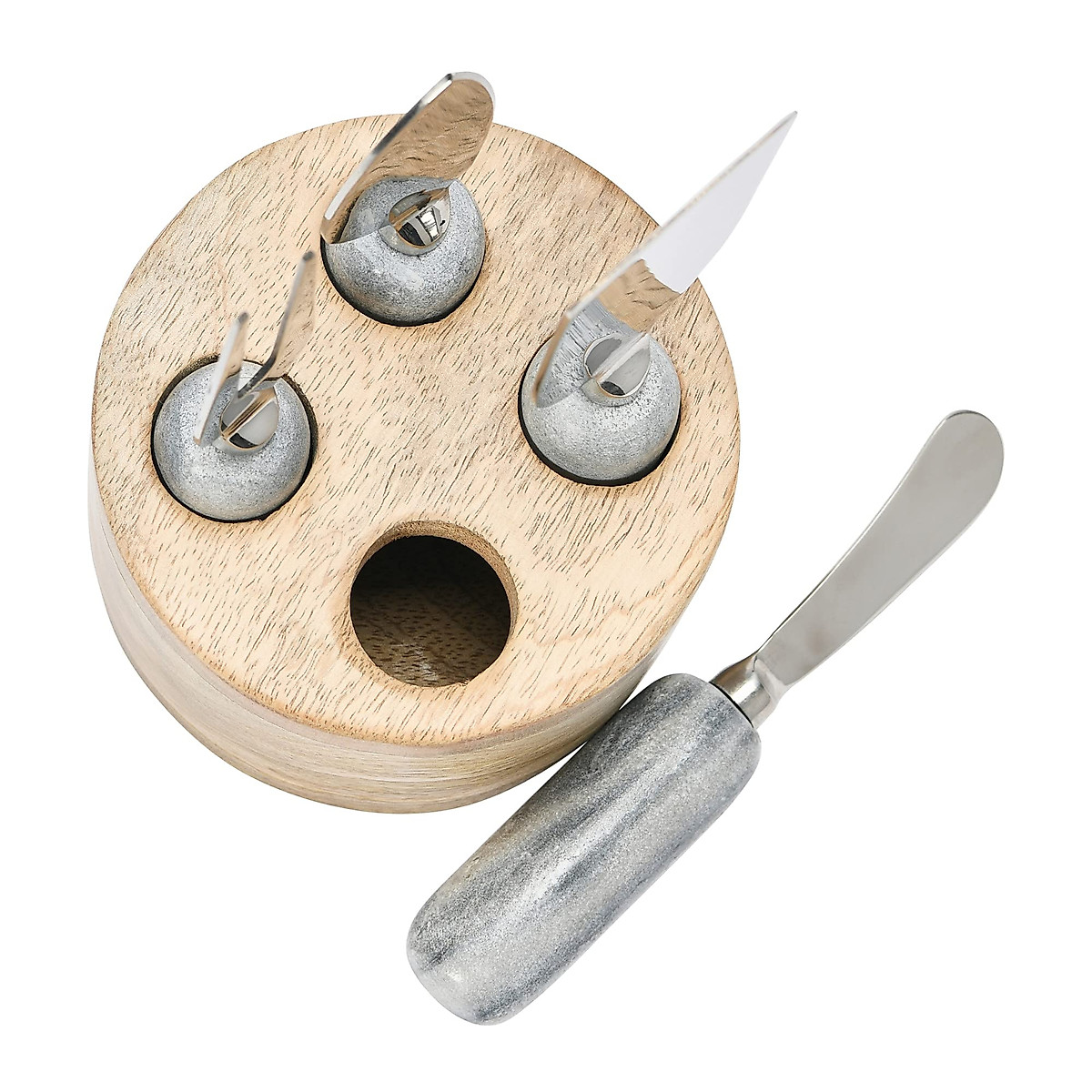 Creative Co-Op Stainless Steel Cheese Servers with Mango Wood Stand Cutlery, Set of 4, Grey & Natural