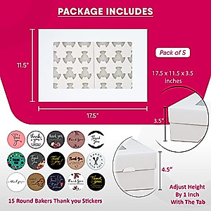 VTPT Ecom - 5PK Cupcake Box with Window for 24 Standard or Mini Cupcakes Corrugated Adjustable Height Bakery box ideal for Muffins Cake Cookies Donuts Pies Desserts and other Pastries + Thank You Stickers