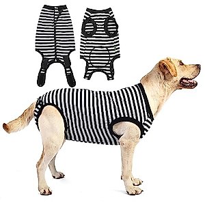 Dog Surgical Recovery Suit,Surgery Female Male Dog Shirt,Spay,Neuter Recovery Clothes,Zipper Closure Cotton Striped Wounds Protect Suit,Black Striped XS